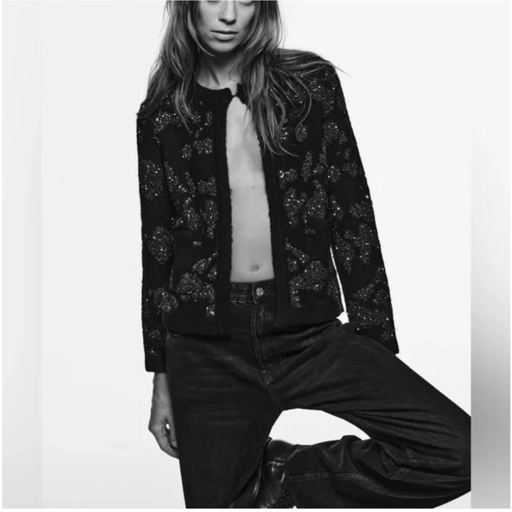 Zara Sequins And Metallic Thread Cardigan - Gem